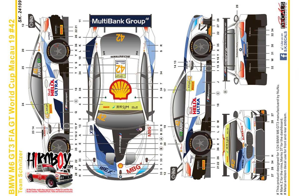 1:24 BMW M6 GT3 FIA GT World Cup Macau 19 Team Schnitzer Decals (Platz ...
