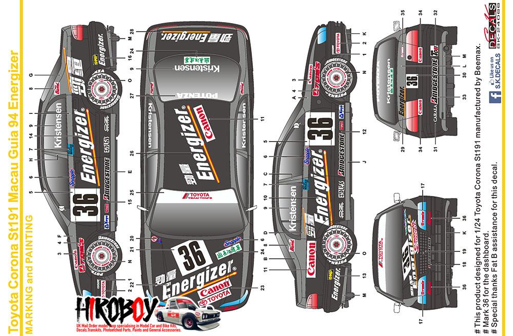 1:24 Toyota Corona (ST1919) Macau Guia 94 Energizer Decals (Beemax ...